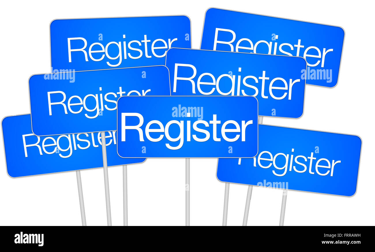 Big blue register button signs for social media Stock Photo - Alamy