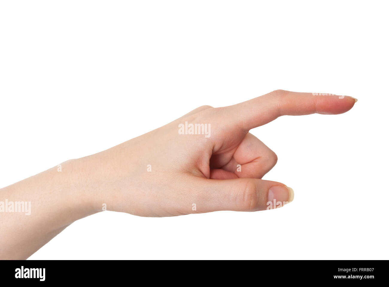 Female hand pointing with index finger isolated on white background ...