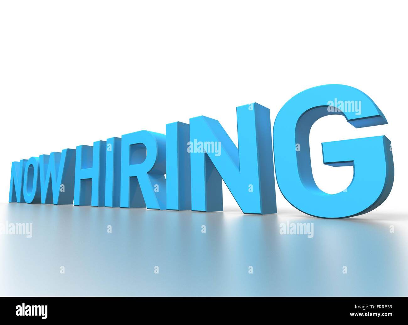 3d rendering of Now Hiring blue glossy text on white background with ...