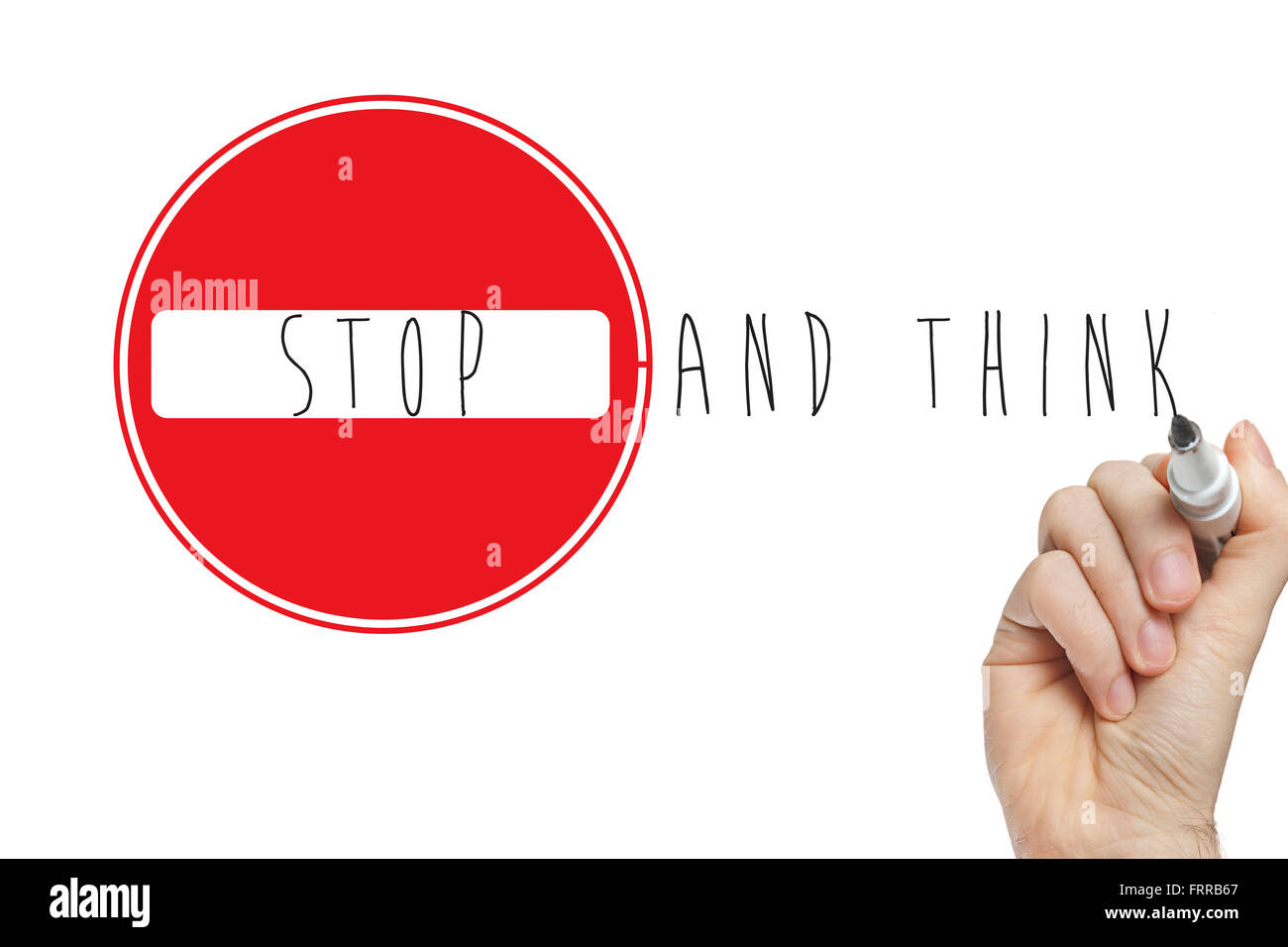 Stop and think handwritten with a marker on a whiteboard with a stop ...
