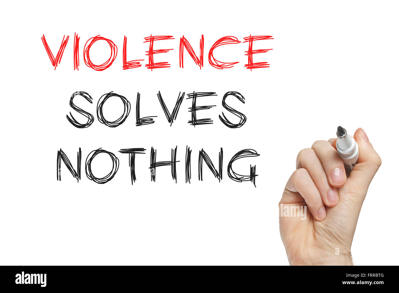 Hand writing violence solves nothing on a white board Stock Photo - Alamy