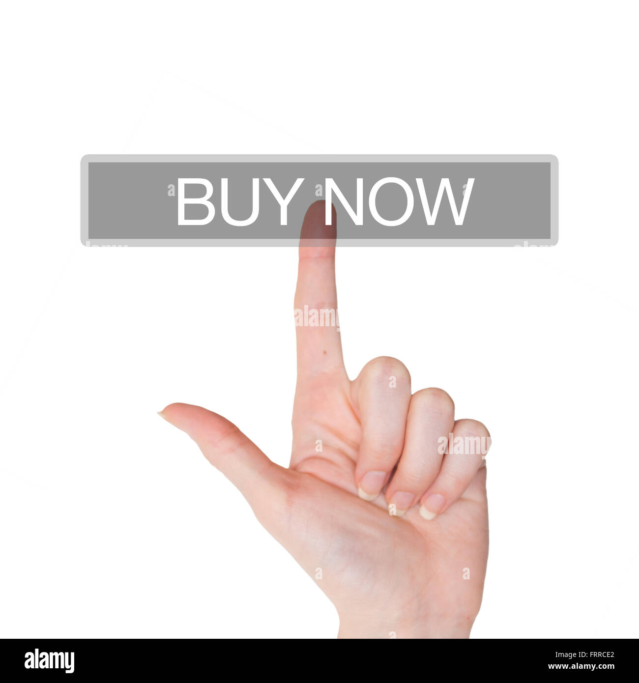 Female hand pushing on a buy now sign on virtual screen Stock Photo - Alamy