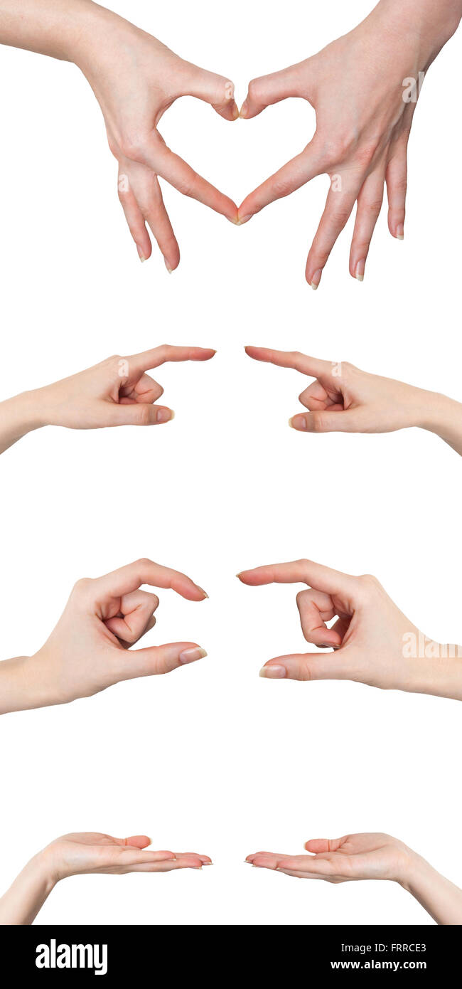 Collage of female hands showing various gestures isolated on white ...