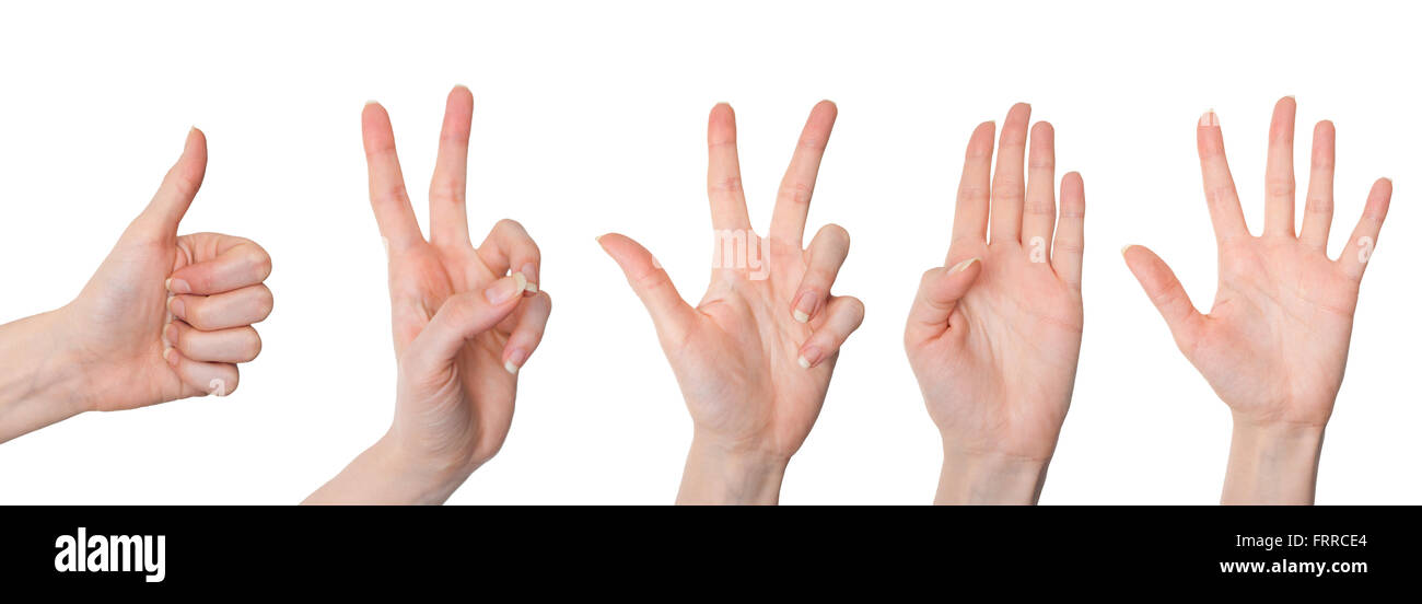 Female hands counting from one to five isolated on white background ...