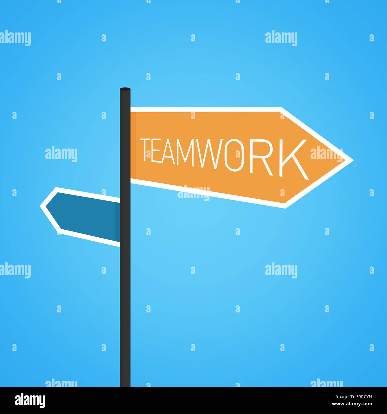 Teamwork nearby, orange road sign concept on blue background Stock ...