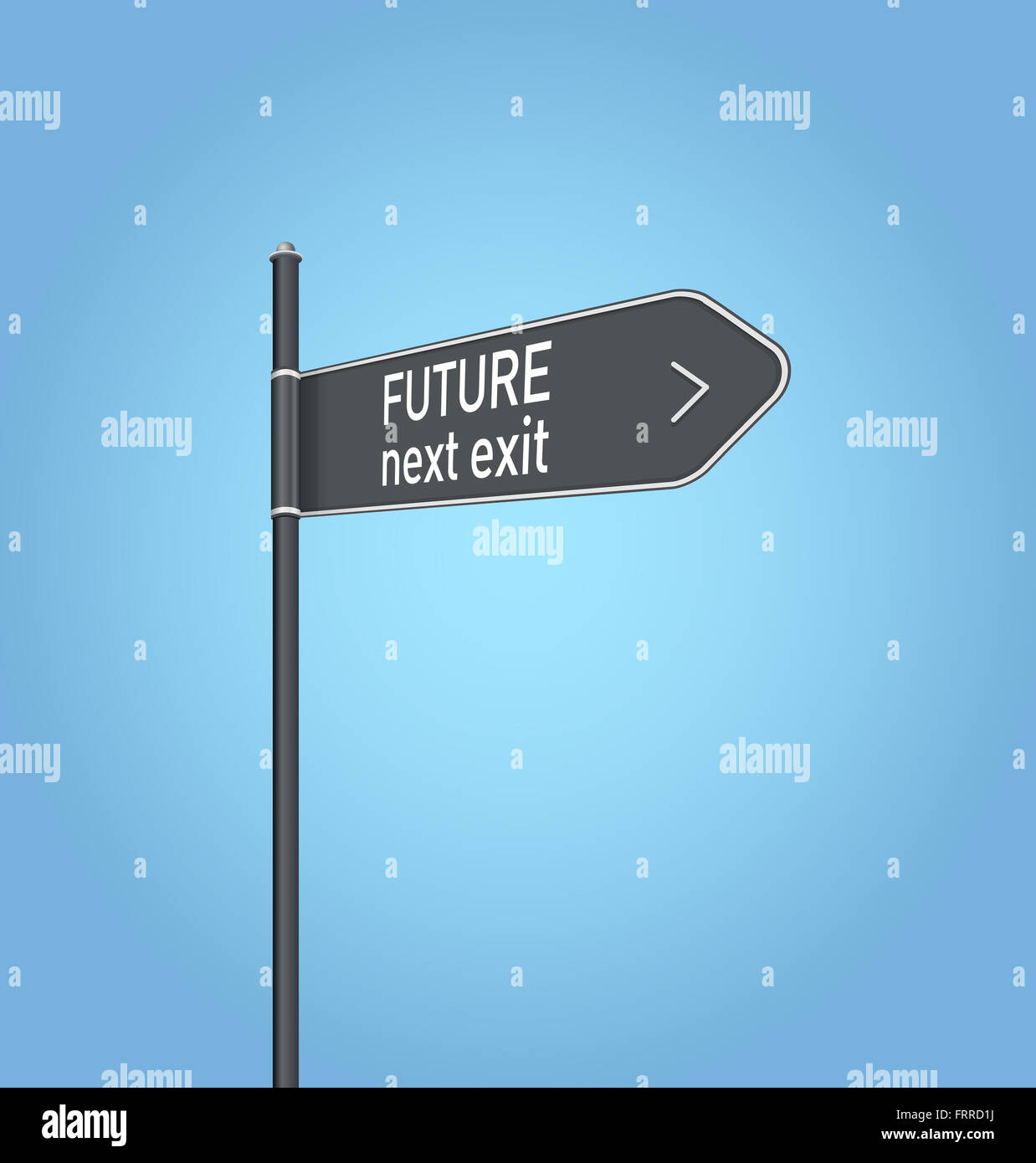 Future next exit, dark grey road sign concept on blue background Stock ...