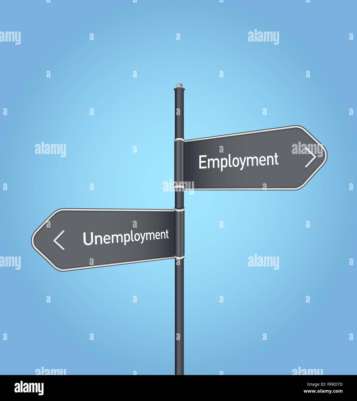 Employment vs unemployment choice concept road sign on blue background ...