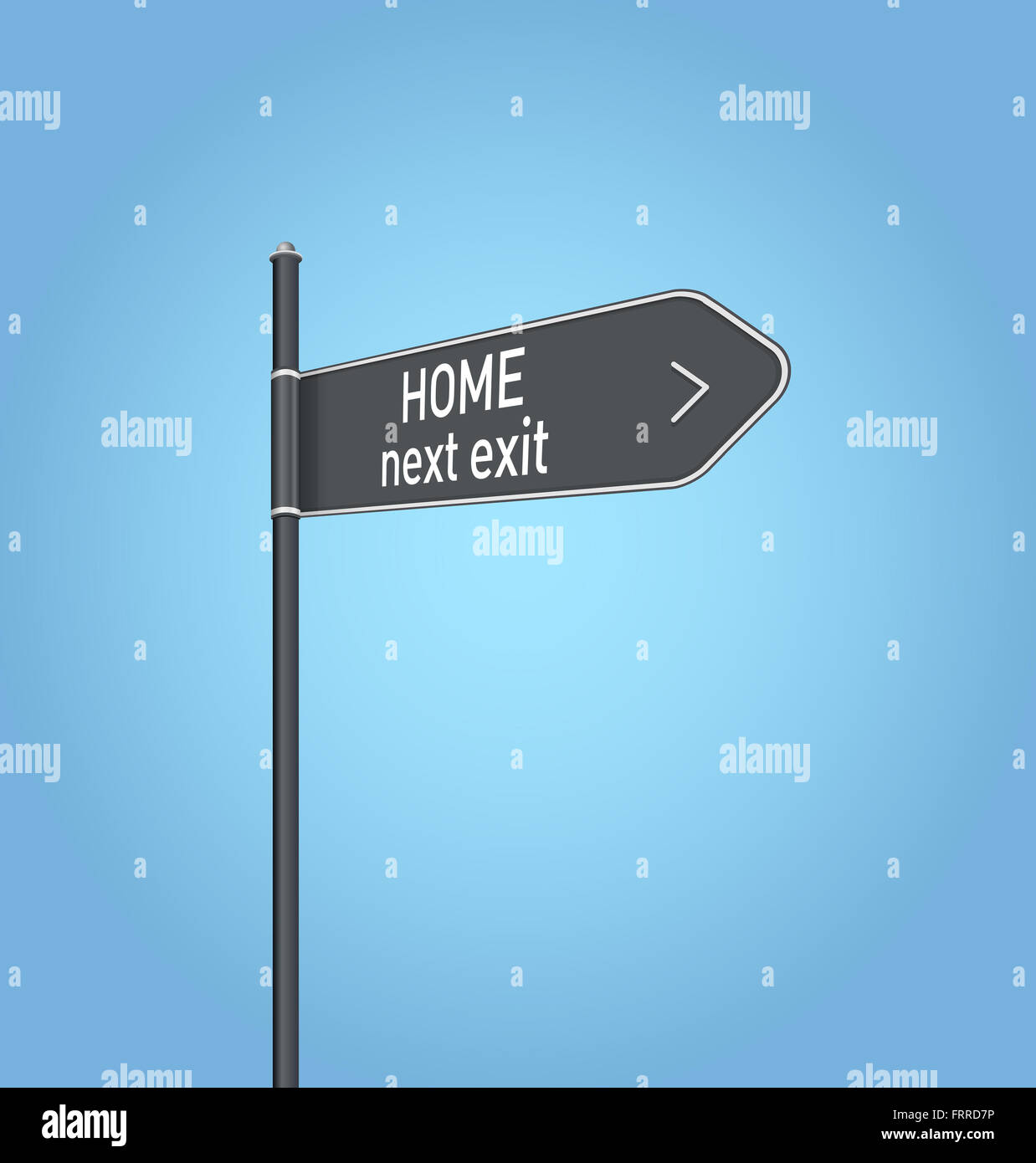Home next exit, dark grey road sign concept on blue background Stock ...