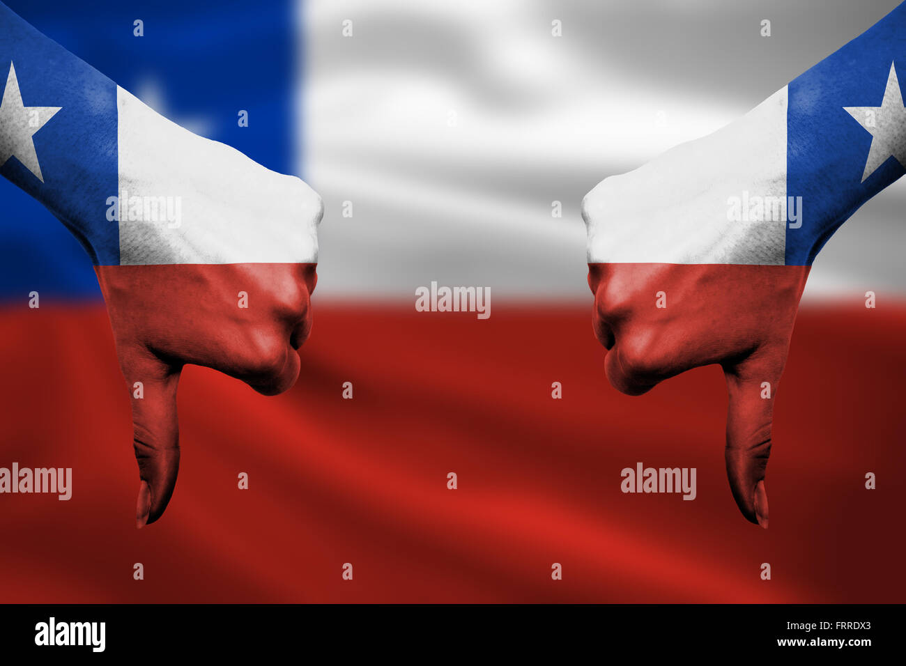 failure of Chile - hands gesturing thumbs down in front of flag Stock ...