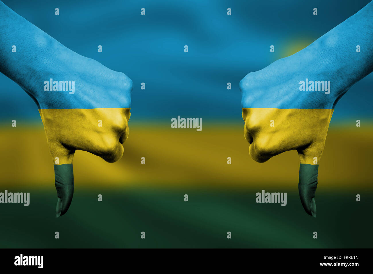 failure of Rwanda - hands gesturing thumbs down in front of flag Stock ...