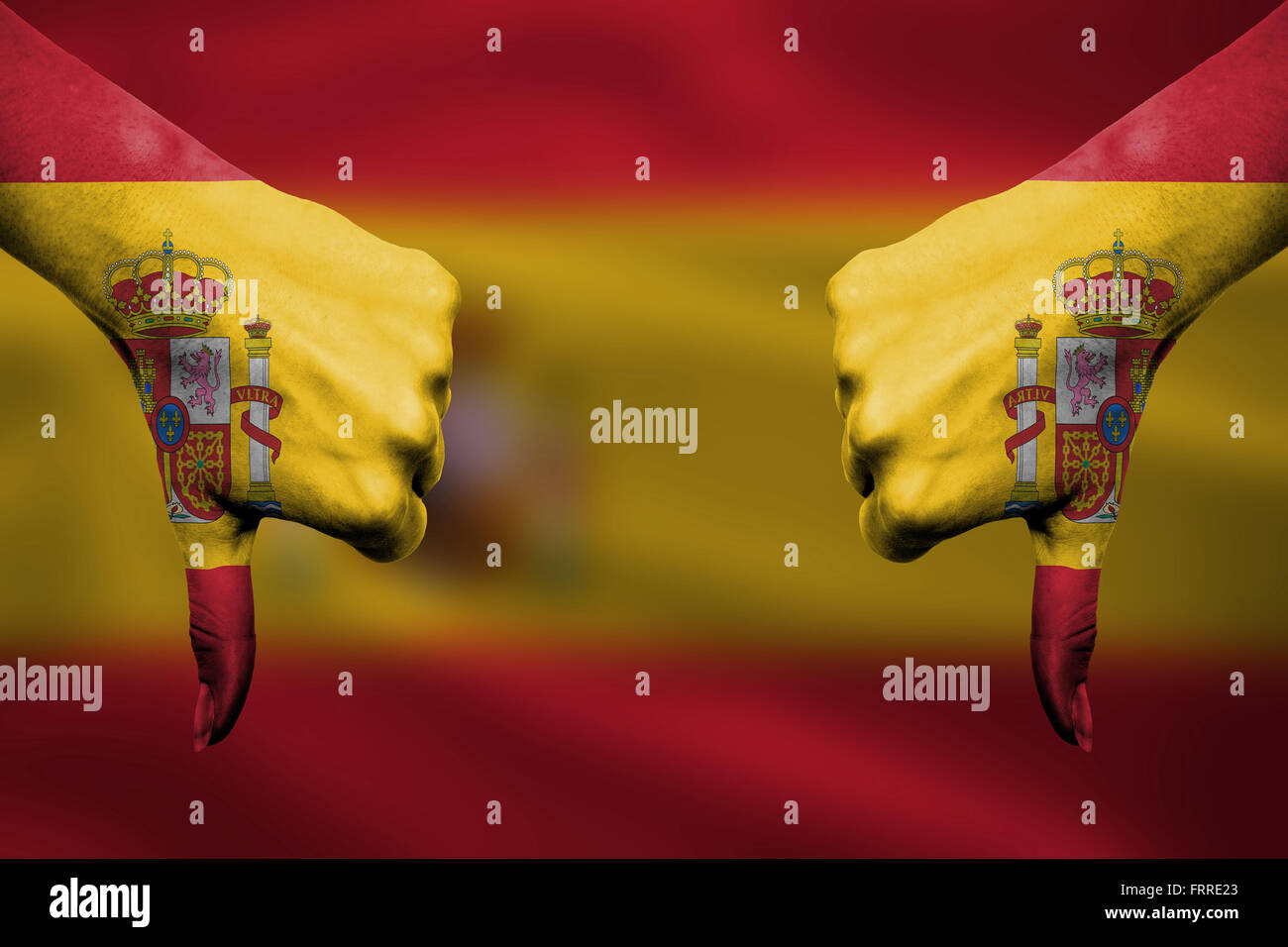 failure of Spain - hands gesturing thumbs down in front of flag Stock ...