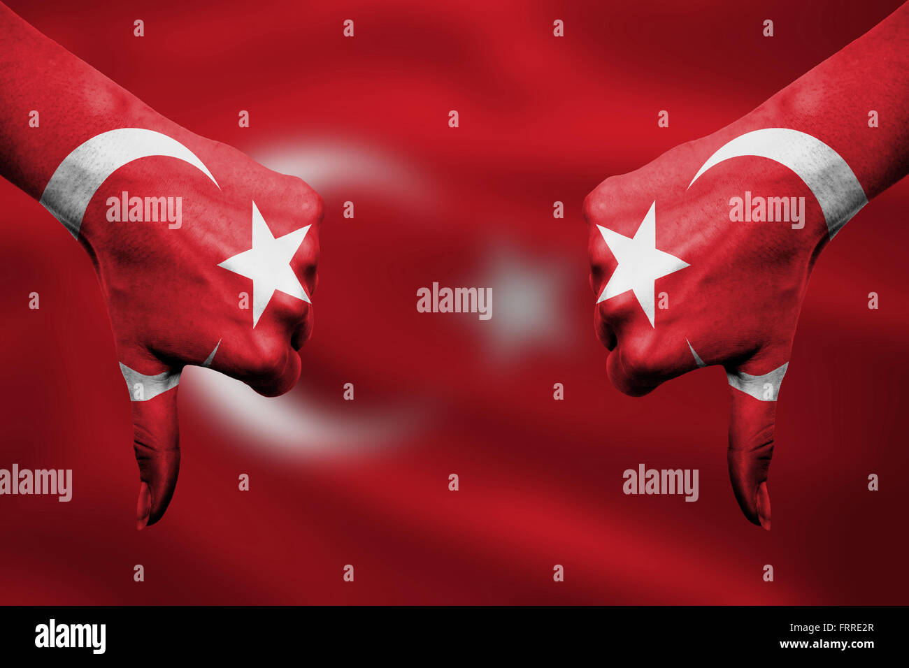 failure of Turkey - hands gesturing thumbs down in front of flag Stock ...