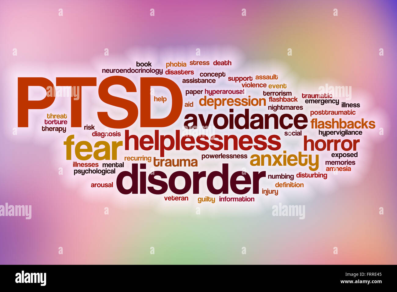 PTSD word cloud concept with abstract background Stock Photo - Alamy