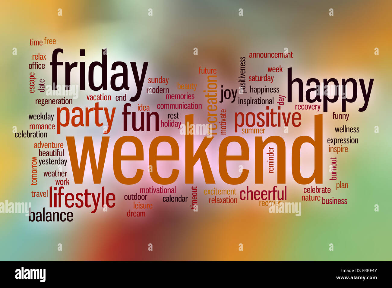Weekend word cloud concept with abstract background Stock Photo - Alamy