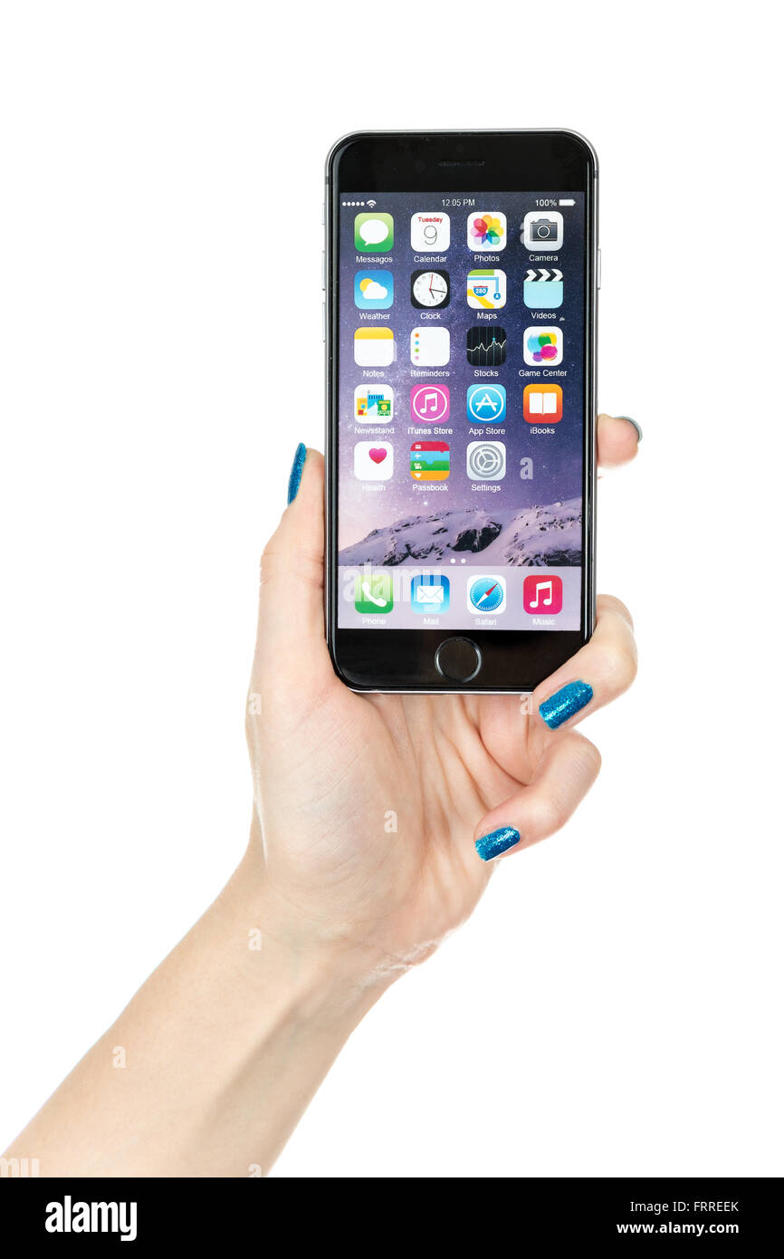 TOURS, FRANCE – February 6 2015: Female hand holding iPhone 6 Space ...