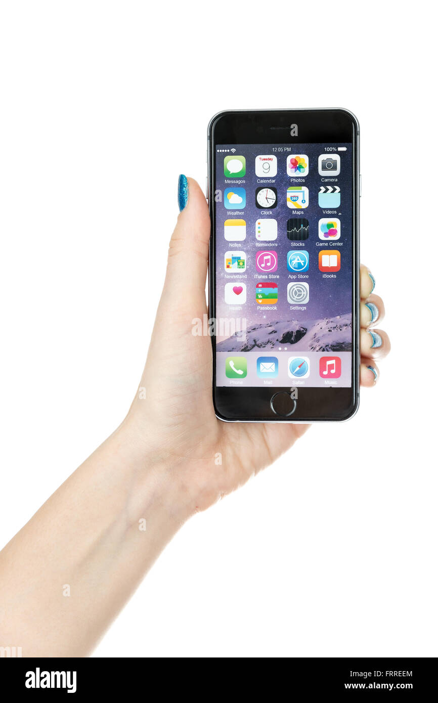 TOURS, FRANCE – February 6 2015: Female hand holding iPhone 6 Space ...