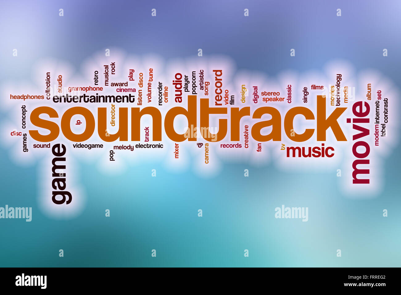 Soundtrack word cloud concept with abstract background Stock Photo - Alamy