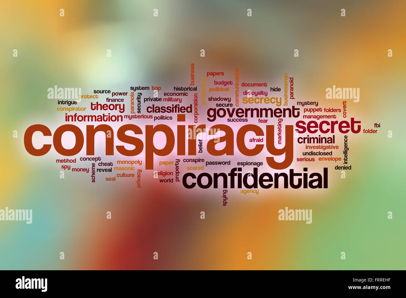 Conspiracy word cloud concept with abstract background Stock Photo - Alamy
