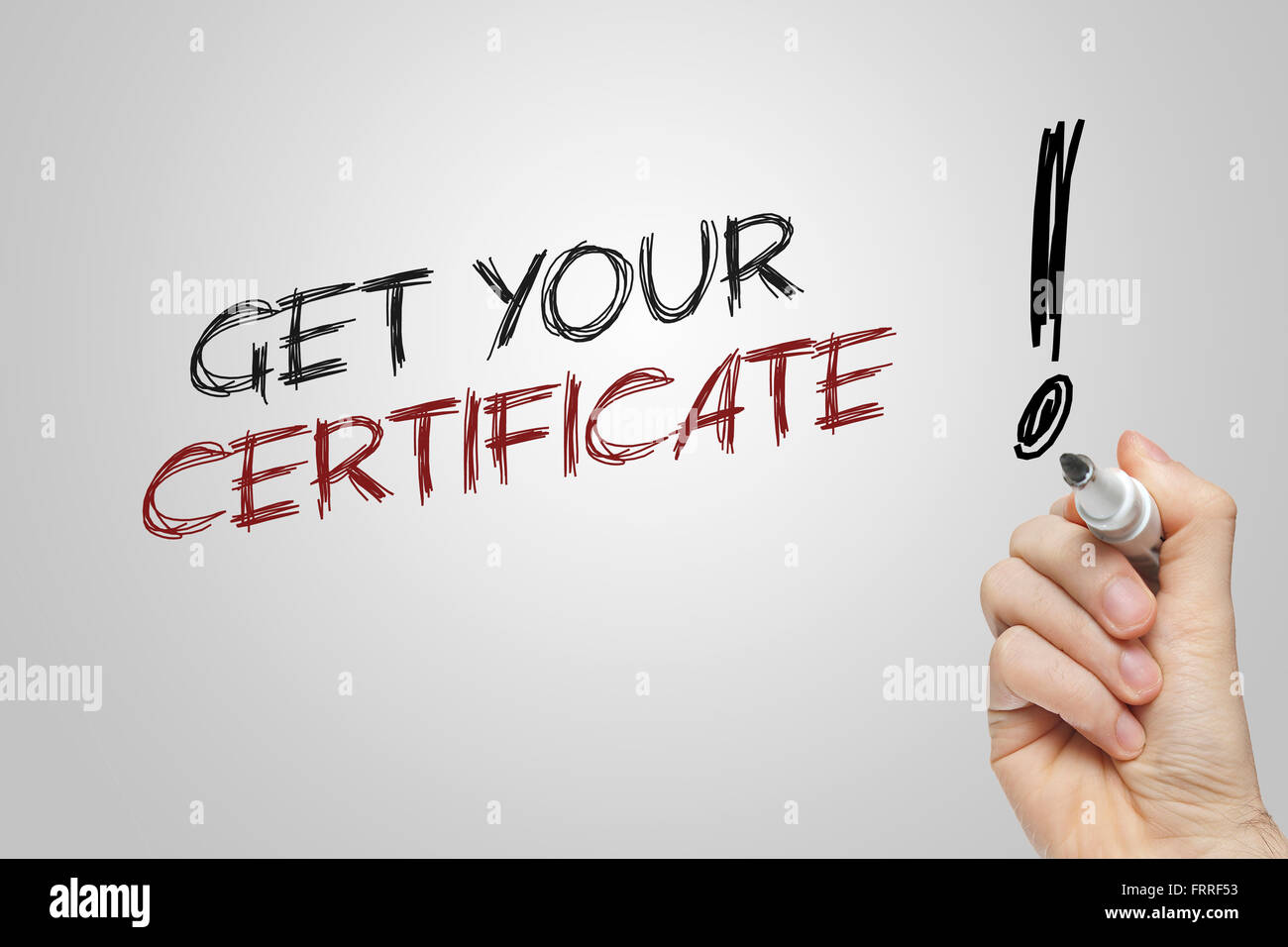 Hand writing get your certificate on grey background Stock Photo - Alamy
