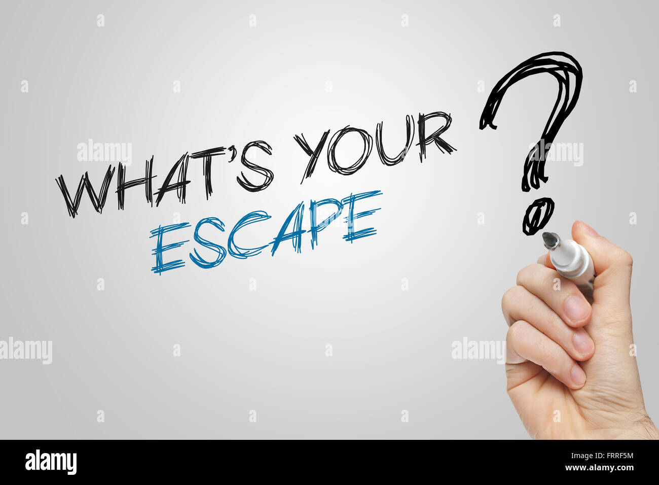 Hand writing what's your escape on grey background Stock Photo - Alamy