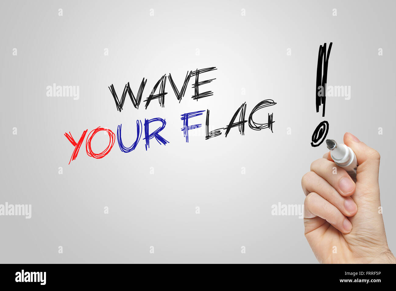 Hand writing wave your flag on grey background Stock Photo - Alamy