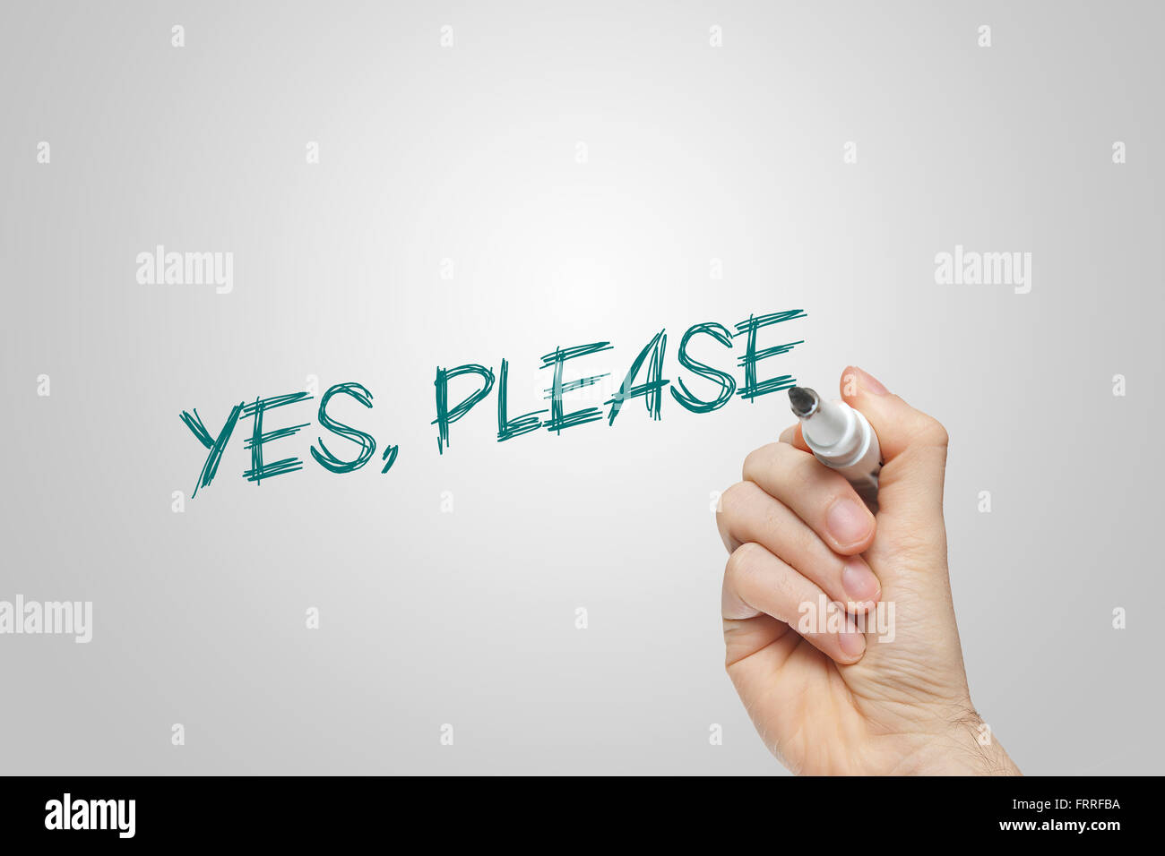 Hand writing yes please on grey background Stock Photo - Alamy