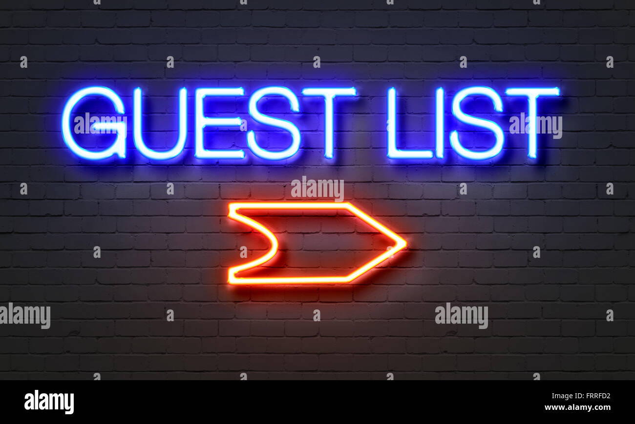 Guest list neon sign on brick wall background Stock Photo - Alamy