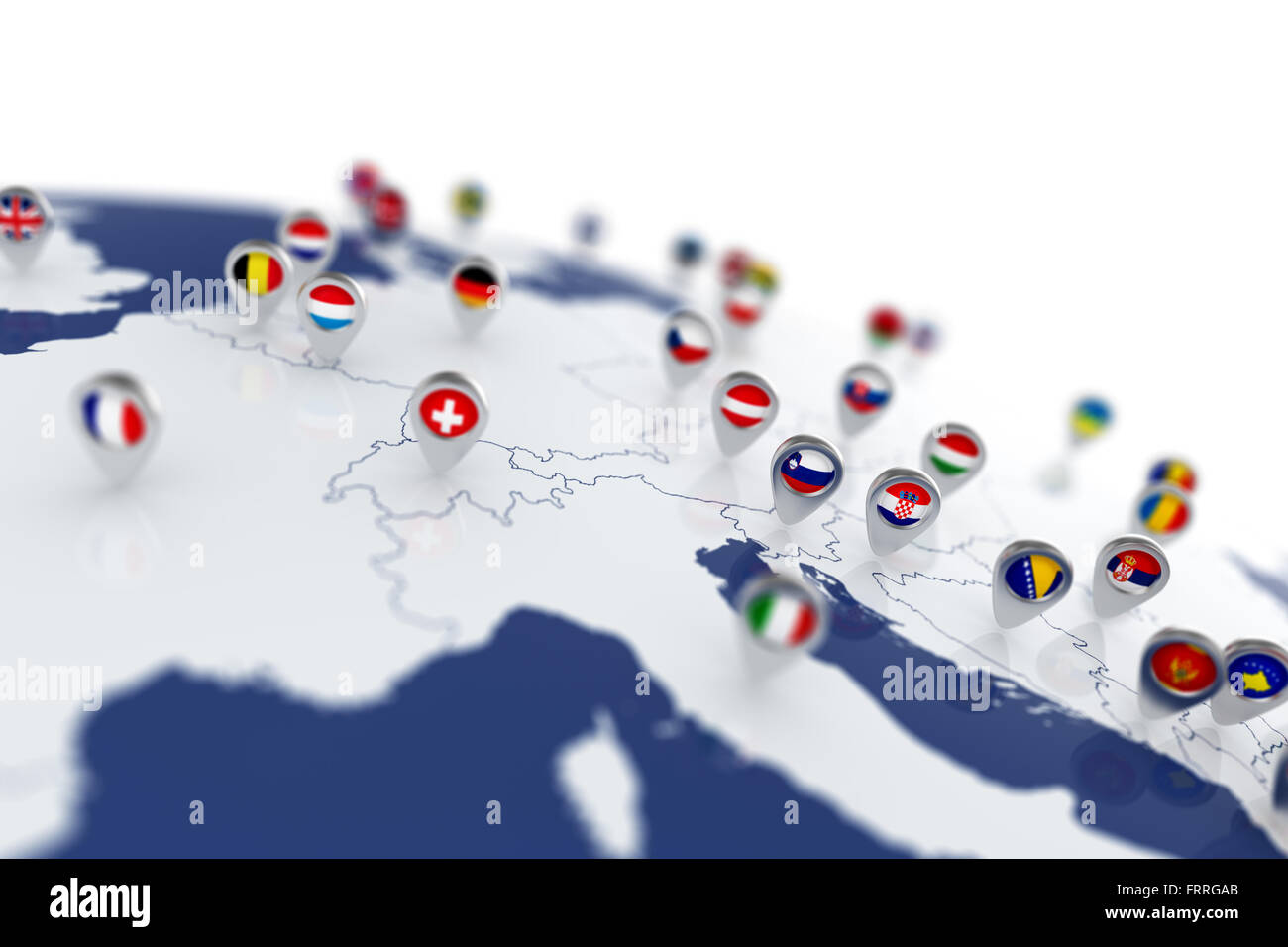 3d render of Europe map with countries flags location pins Stock Photo ...