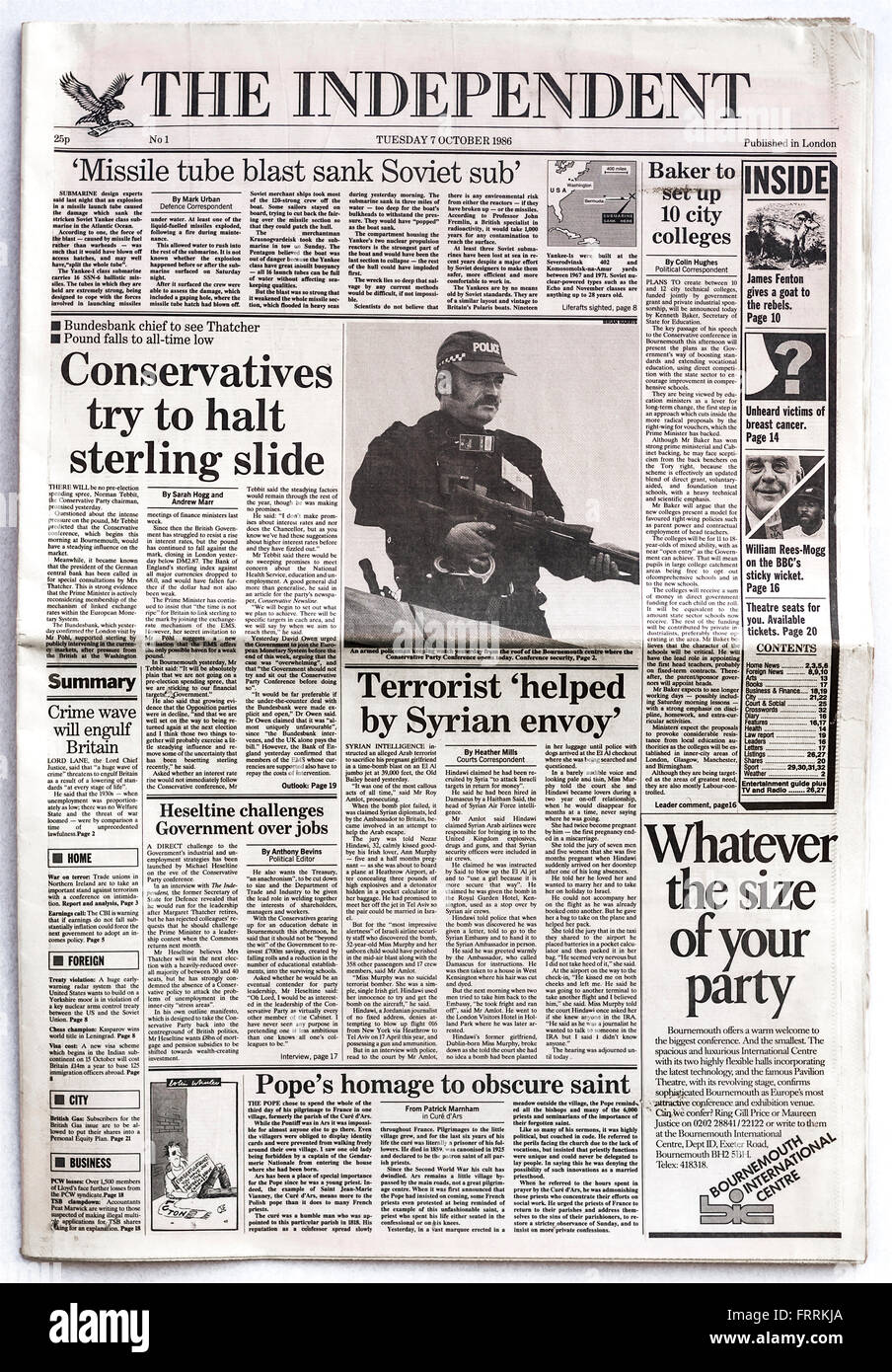 Front cover of “The Independent” first issue, 7 October 1986 - UK Stock ...
