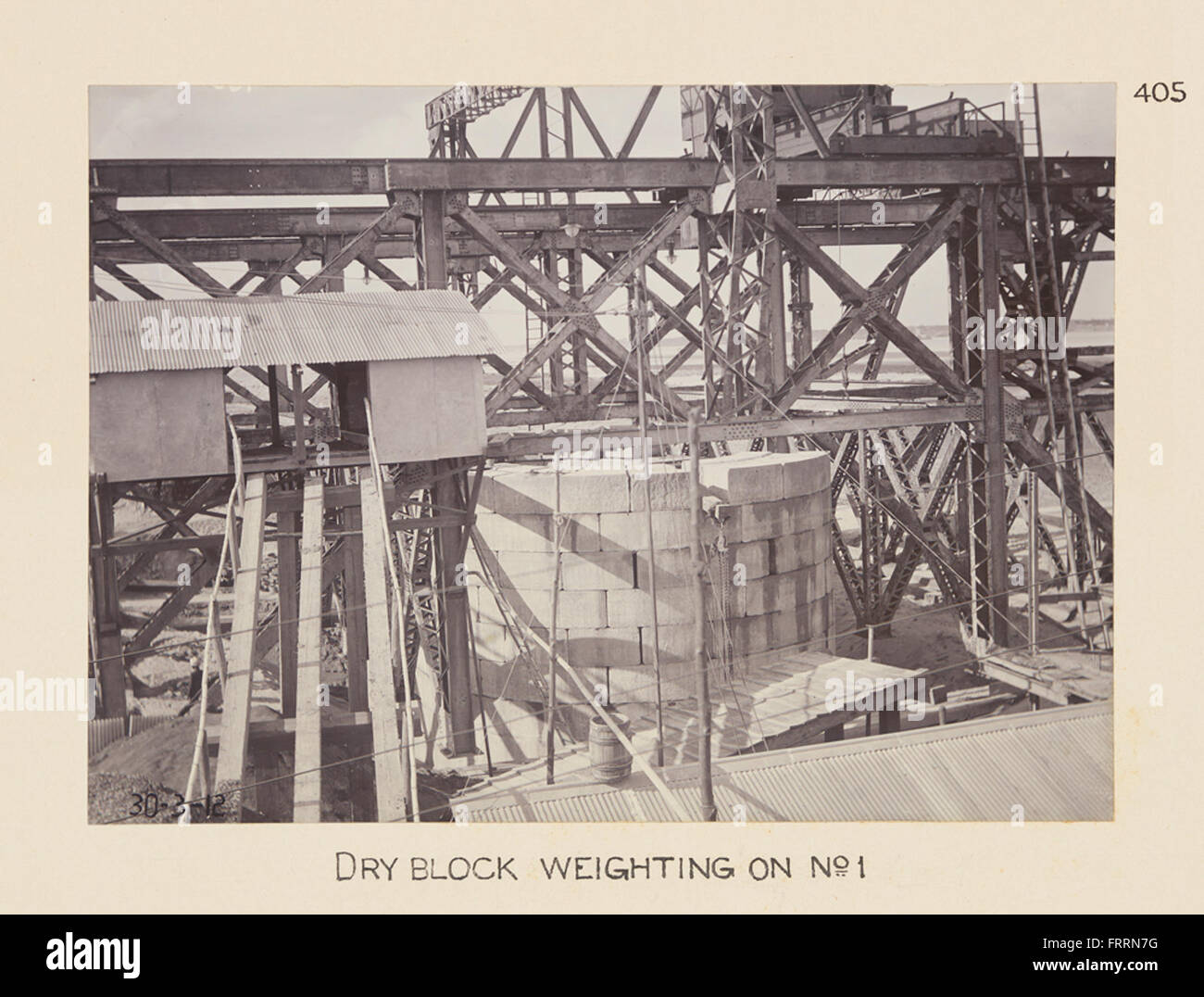 A photograph of dry block weighting on the No. 1 railroad bridge, part ...
