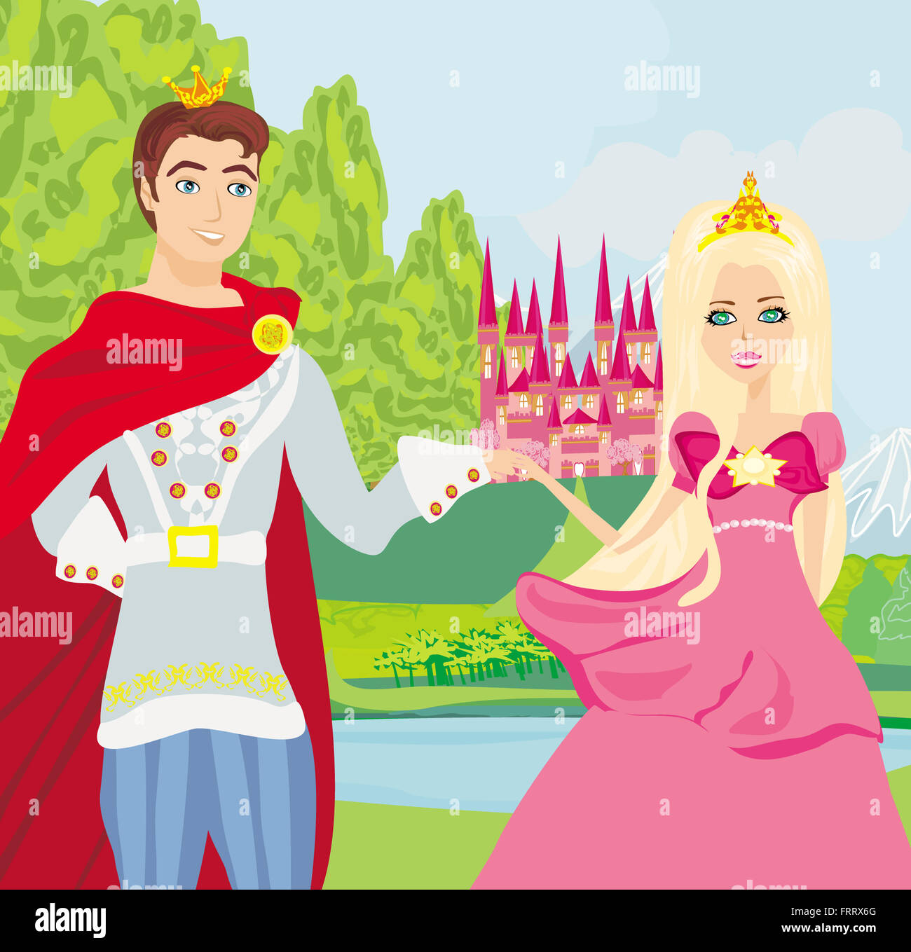 beautiful castle and princess with prince Stock Photo - Alamy