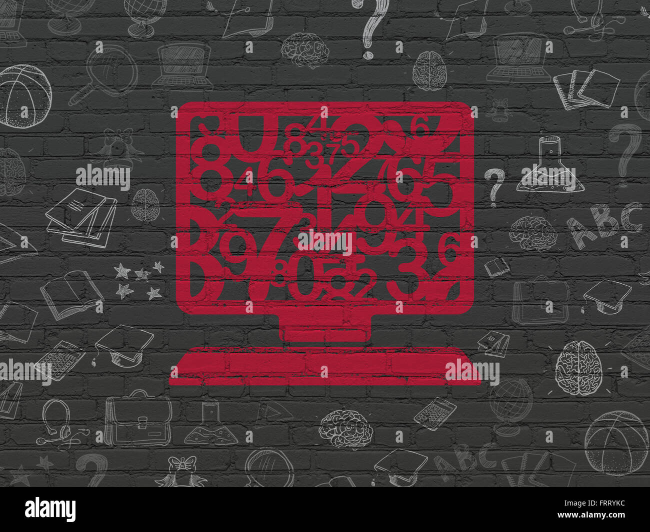 Education concept: Painted red Computer Pc icon on Black Brick wall ...