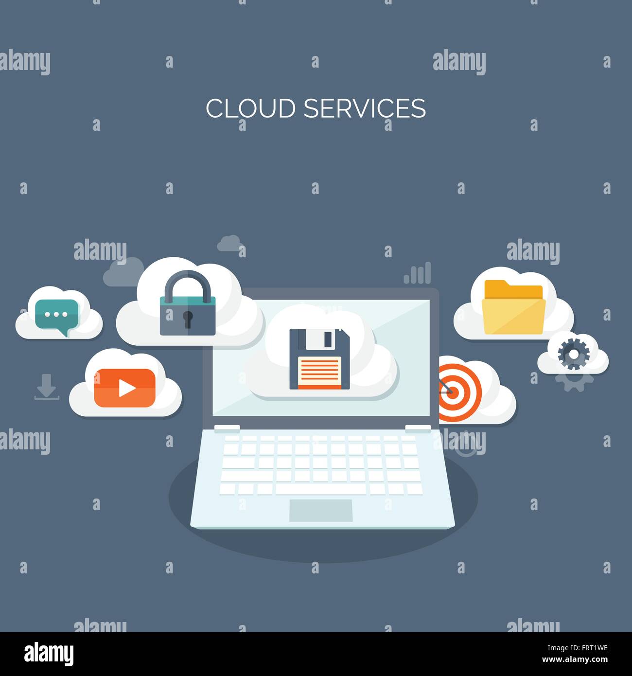 Vector illustration. Flat cloud computing background. Data storage network technology ...