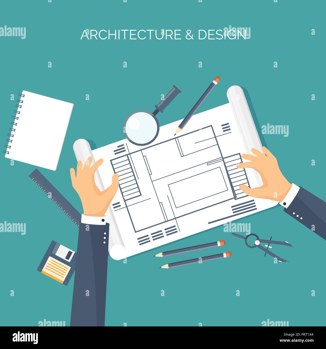 Vector illustration. Flat architectural project. Teamwork. Building ...