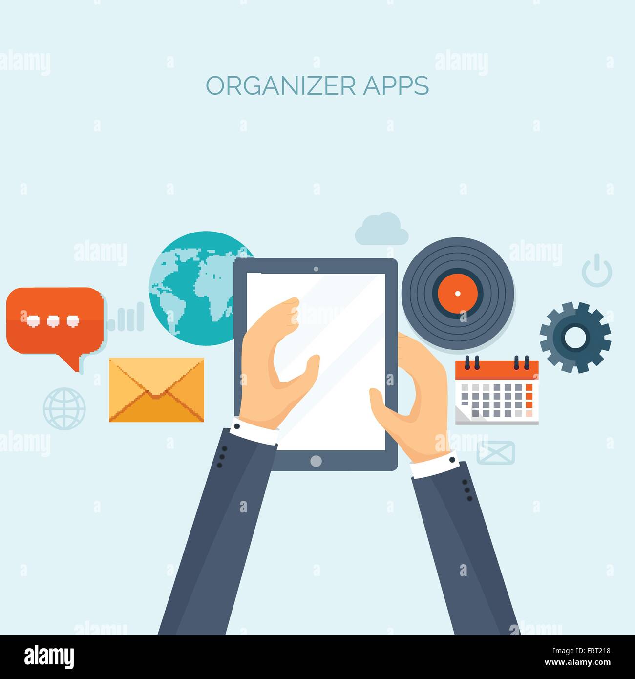 Vector illustration. Flat background. Tablet. Organizer applications ...