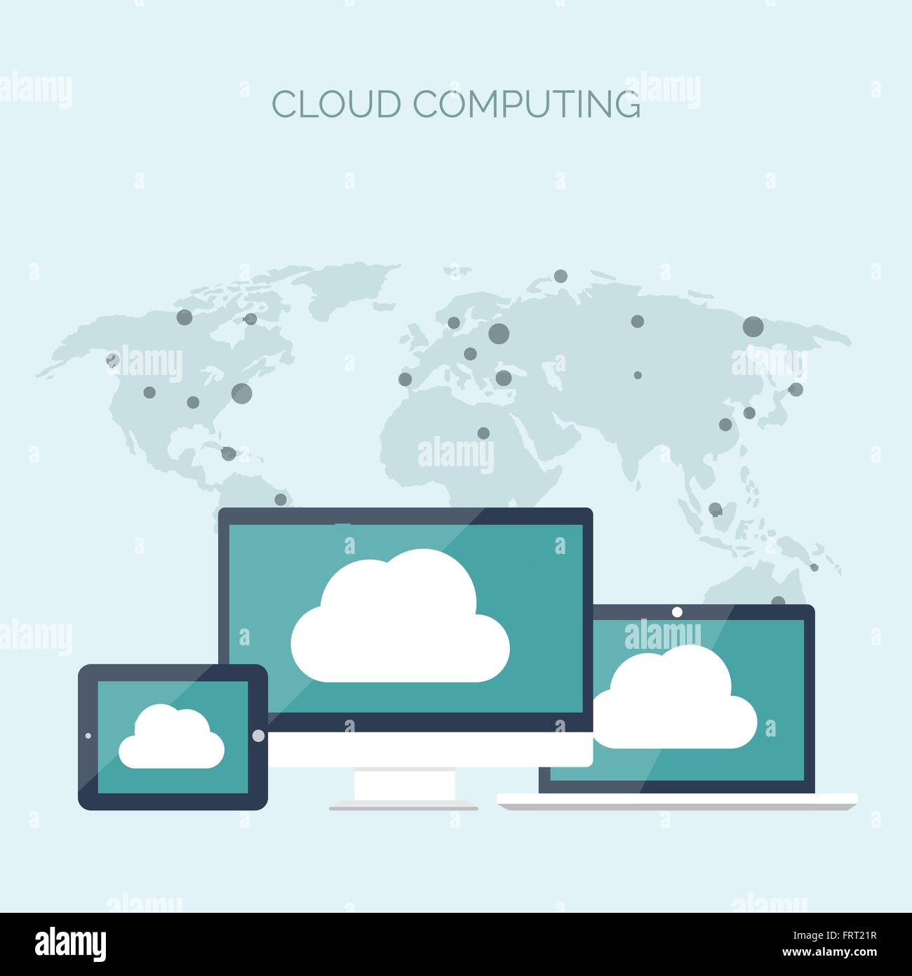 Vector illustration. Flat cloud computing background. Data storage network technology ...