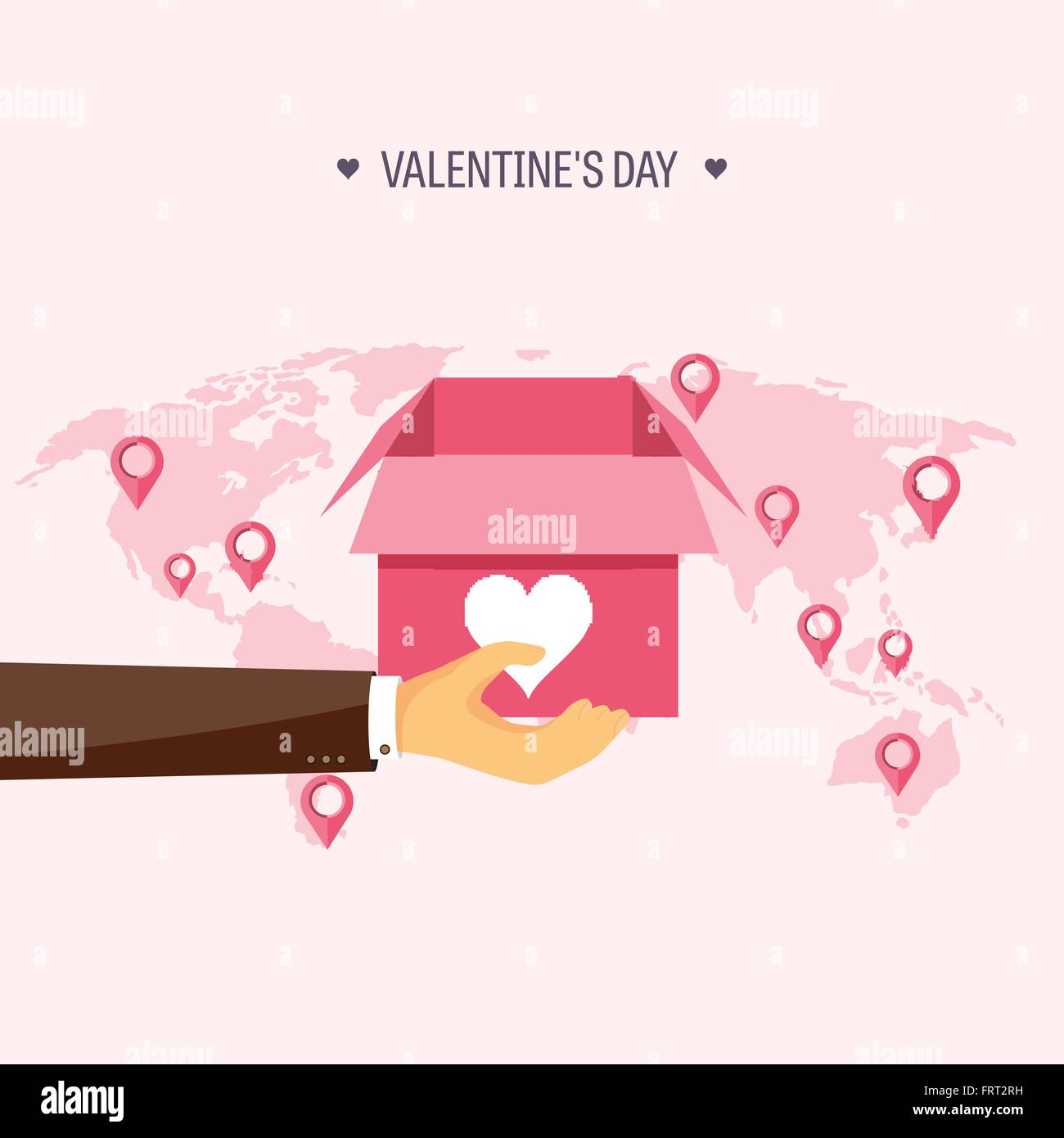 Vector illustration. Flat background with box and hand. Love, hearts ...