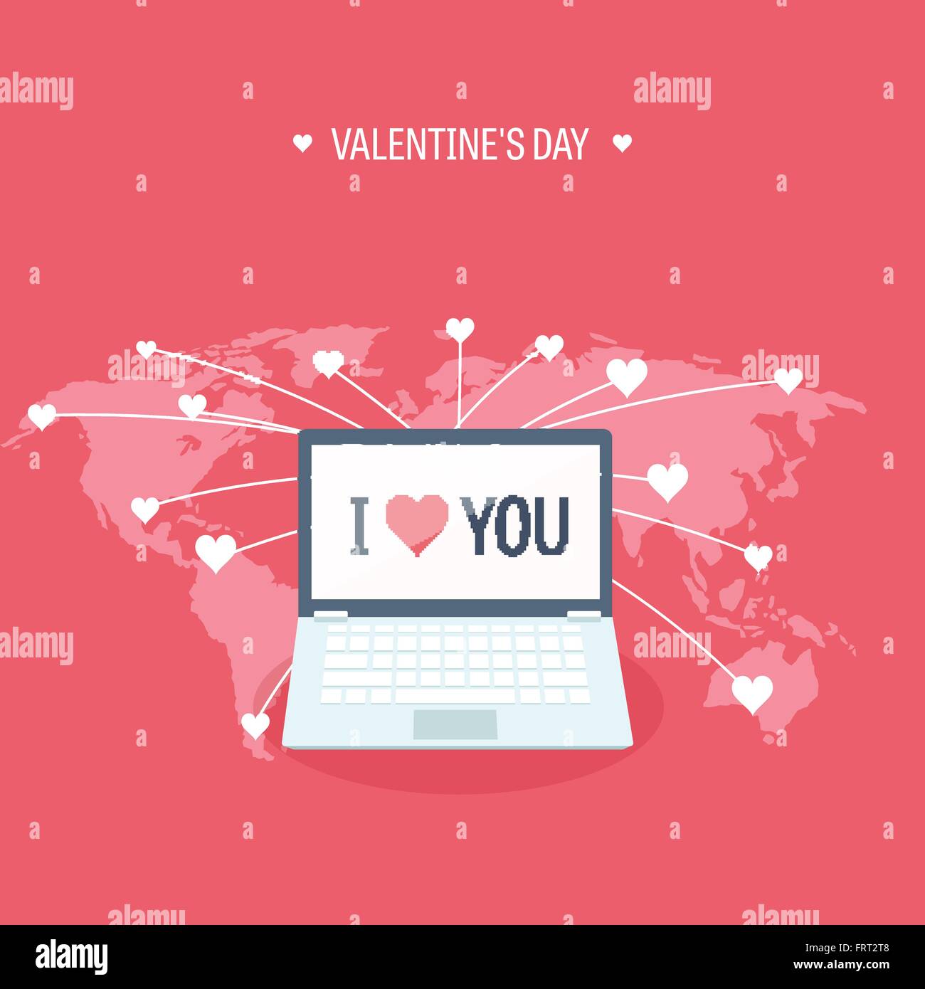 Vector illustration. Flat background with laptop. Love, hearts ...