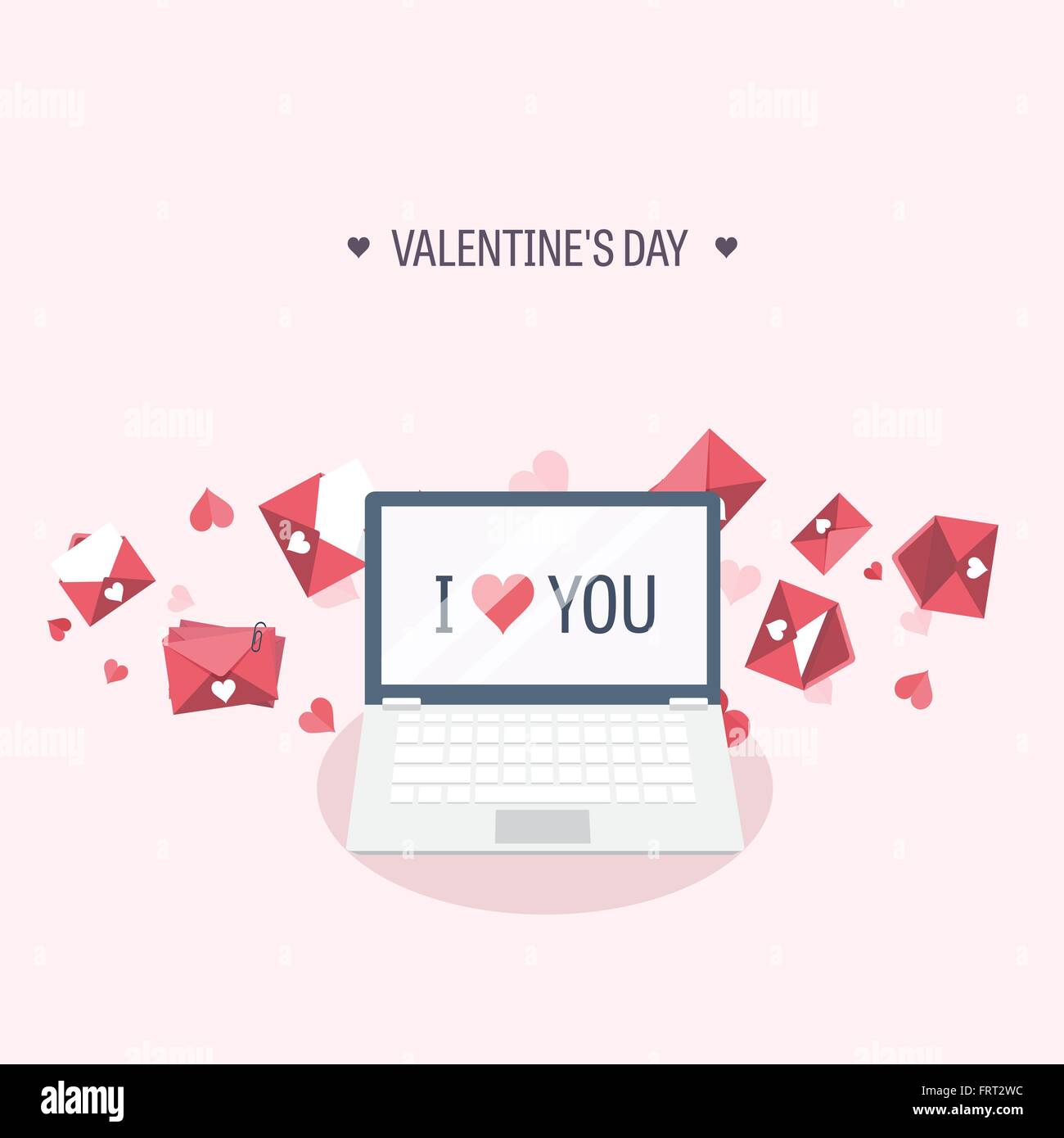Vector illustration. Flat background with laptop. Love, hearts ...