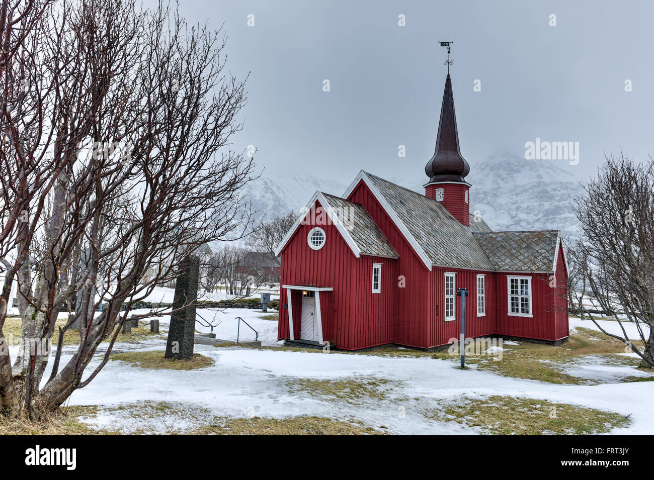 Scenic old red church in Flakstad on Lofoten Islands, Norway in the ...