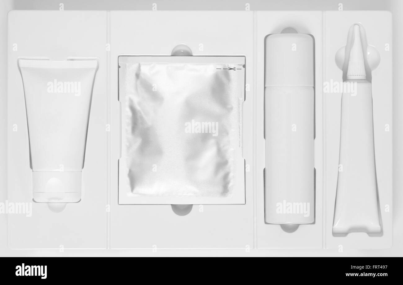 Skin products in box. White tone. Horizontal Stock Photo - Alamy