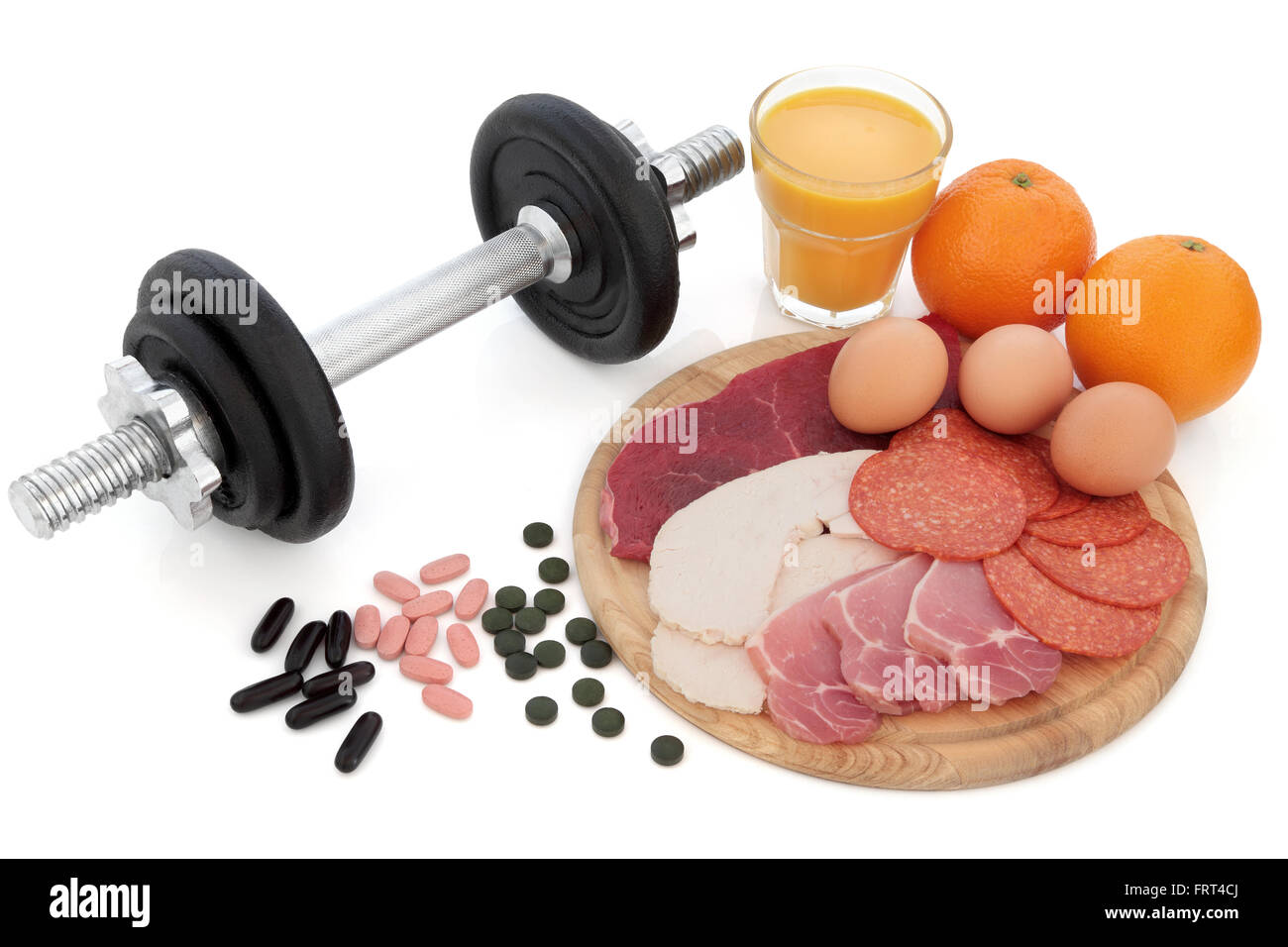 Body building dumbbell weights with supplement tablets and high protein ...