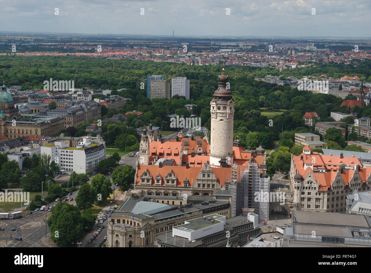 Leipzig, town hall (Rathaus) view across the city from university tower ...