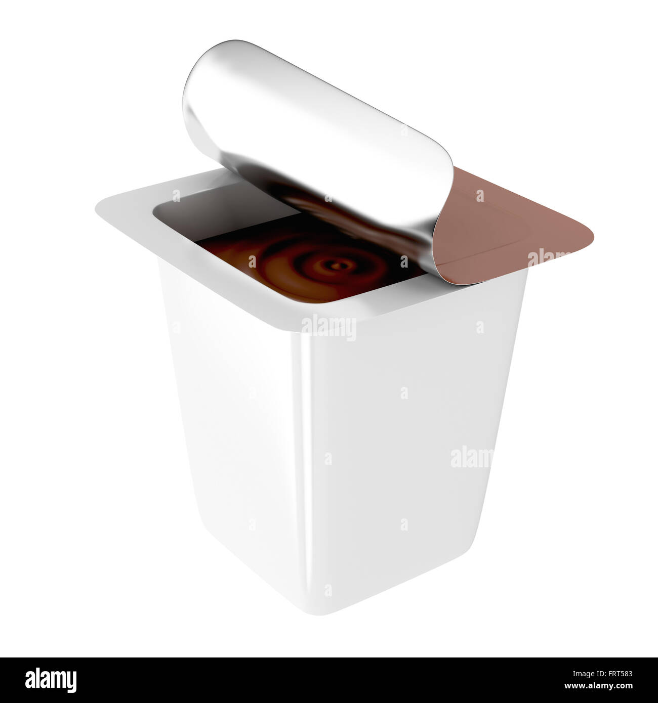 Chocolate pudding or ice cream in plastic packaging with foil lid ...