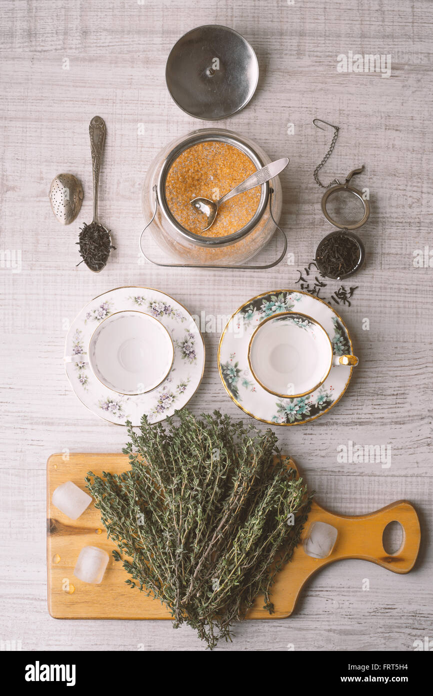 Tea preparation set with herbs vertical Stock Photo - Alamy
