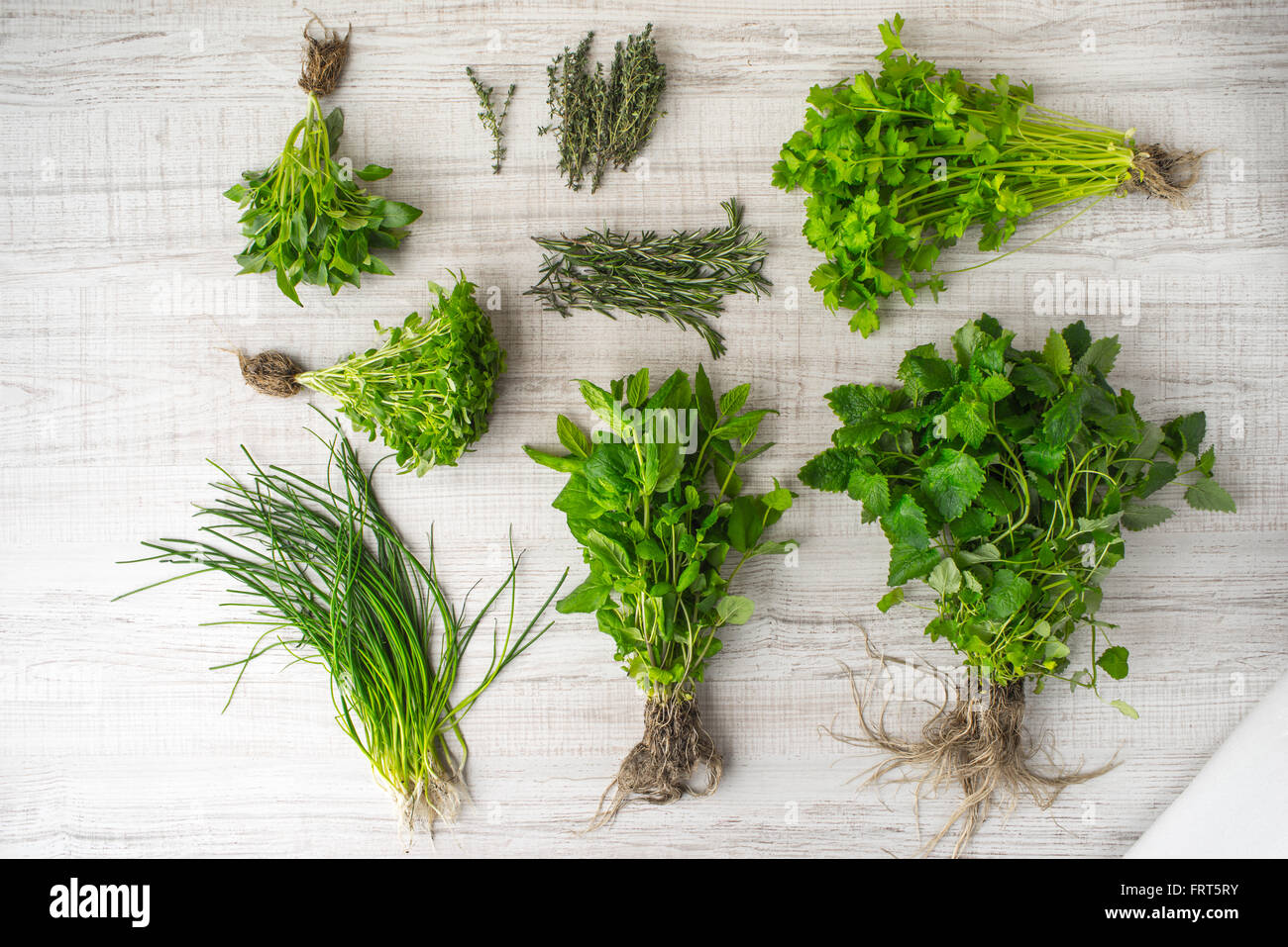Herbs mix on the table top view Stock Photo - Alamy