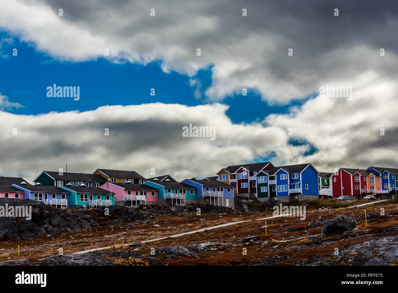 Modern colorful Inuit houses in Arctic capital Nuuk city, Greenland ...