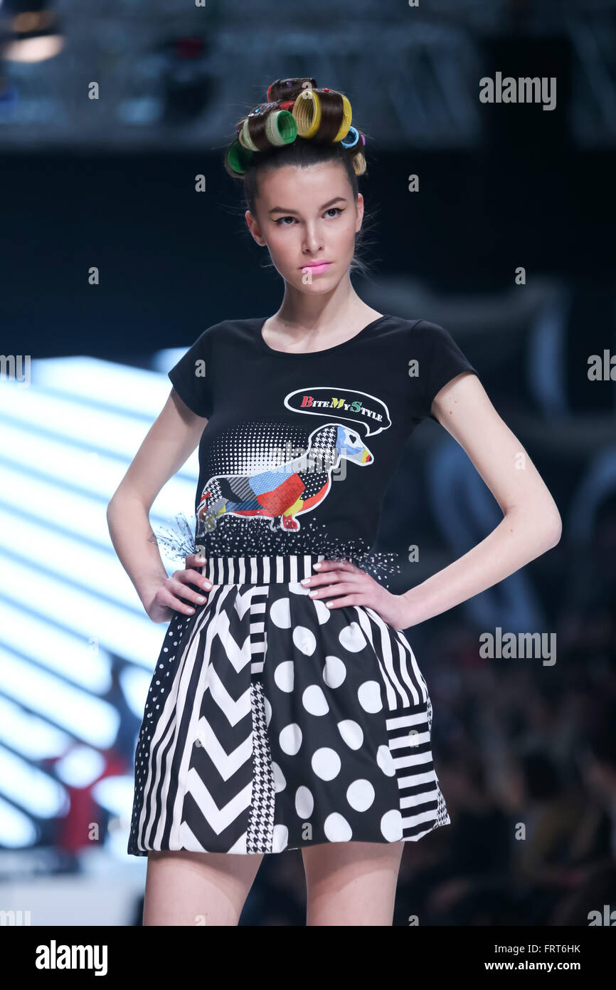 ZAGREB,CROATIA - MARCH 19, 2016: Model wearing clothes designed by ...
