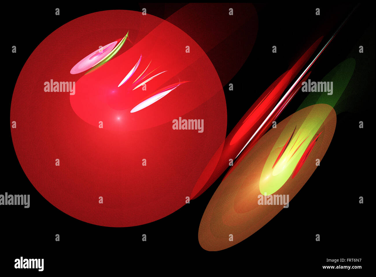 On a black background - bright-red ball, near the yellow oval and line ...