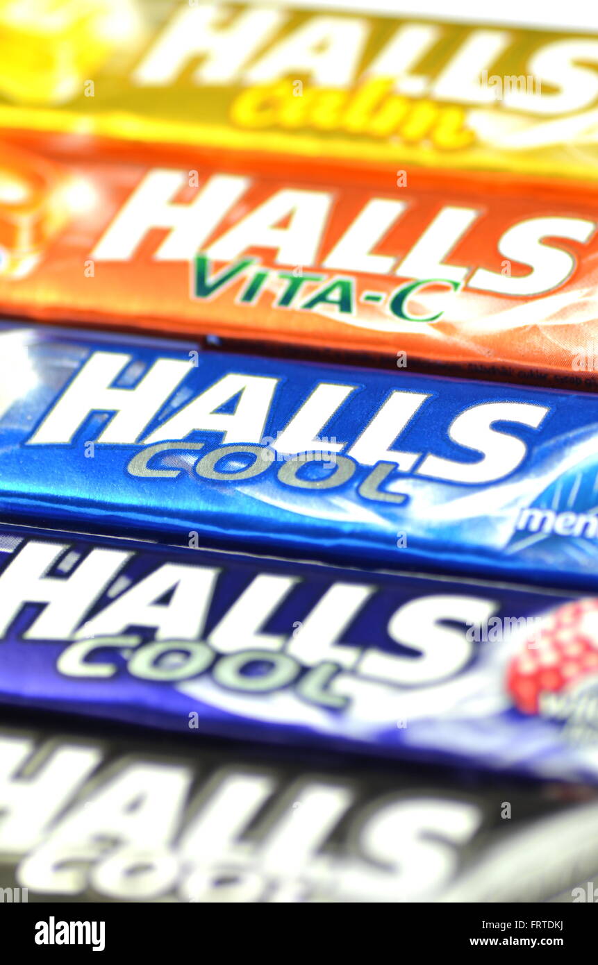Variety of Halls cough drops Stock Photo - Alamy